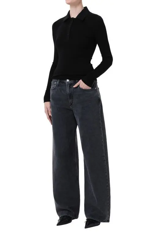 AGOLDE Amos Long Sleeve Polo Shirt - Black