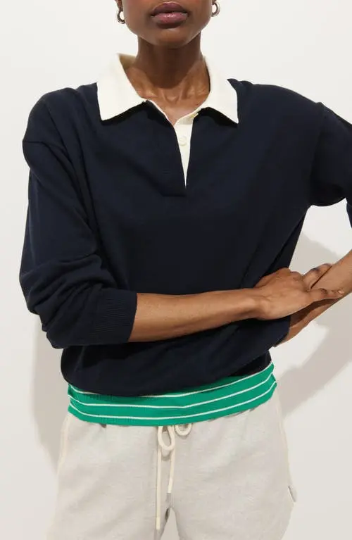 ALEX MILL Bond St. Contrast Collar Cotton & Cashmere Polo Sweater - Navy/navy