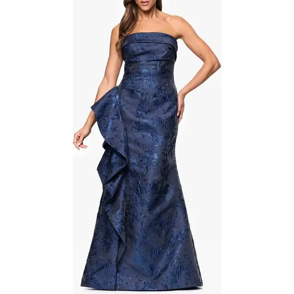 XSCAPE EVENINGS Strapless Ruffle Brocade Gown