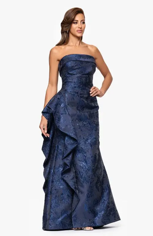 XSCAPE EVENINGS Strapless Ruffle Brocade Gown