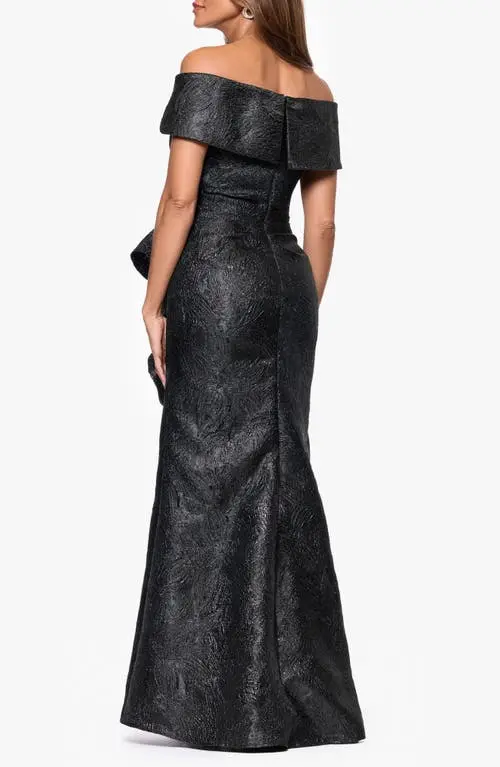 XSCAPE EVENINGS Brocade Off-the-shoulder Gown With Ruffle Detail