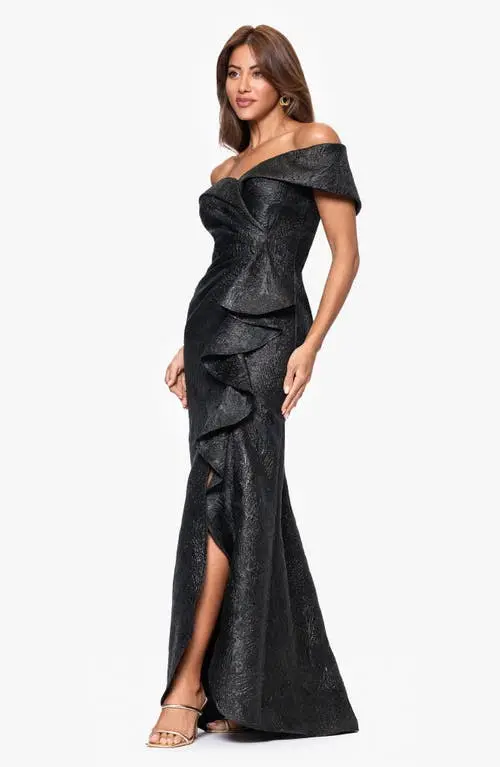 XSCAPE EVENINGS Brocade Off-the-shoulder Gown With Ruffle Detail