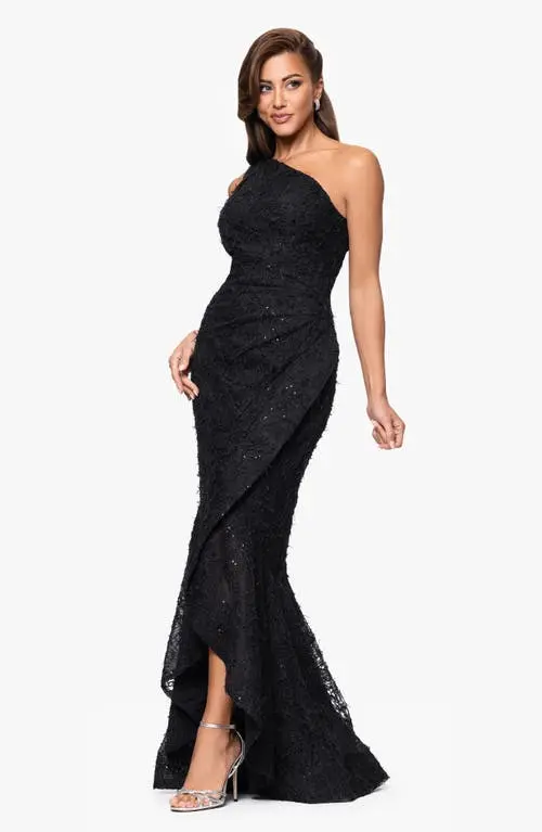 XSCAPE EVENINGS Sequin Embroidery One-shoulder High-low Gown