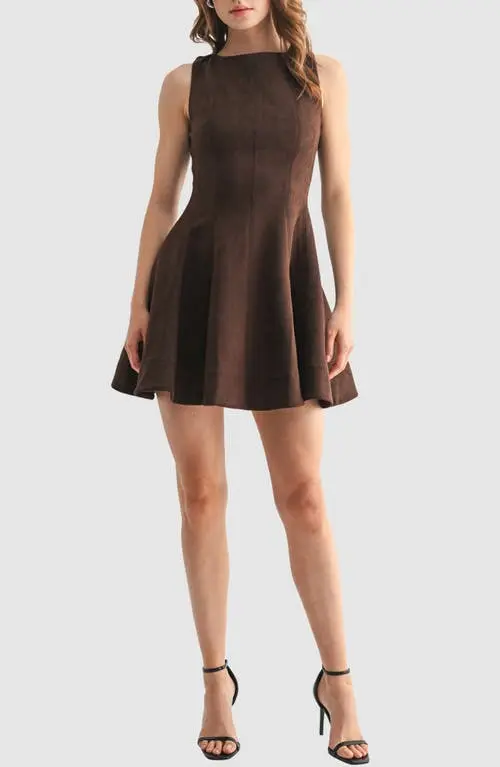 ALL IN FAVOR Faux Suede Fit & Flare Mini Dress - Chocolate