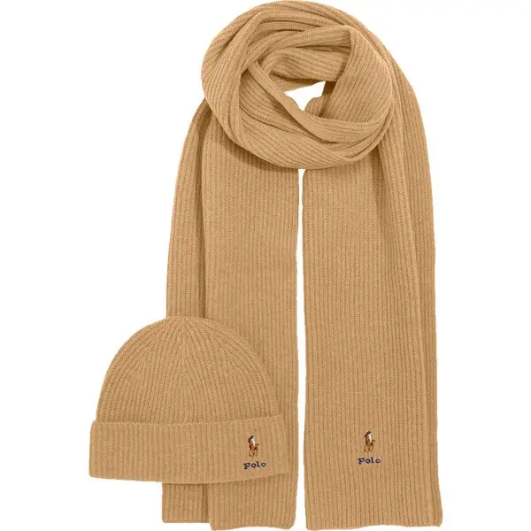 Polo Ralph Lauren Pony Merino Wool Hat & Scarf Set - Classic Camel