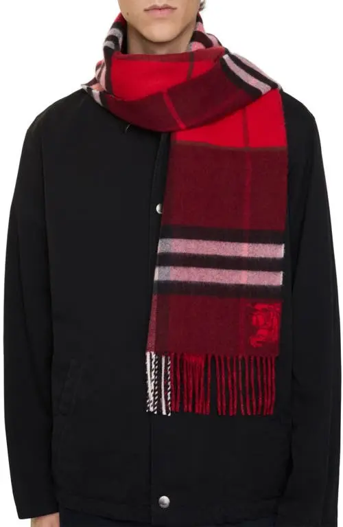 Burberry Jacquard Check Double Face Cashmere Fringe Scarf - Post Red/oxblood