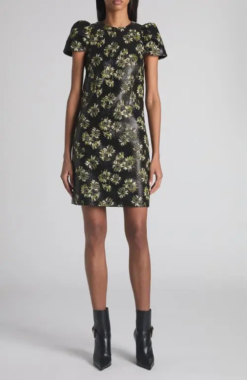 Alexander McQueen Sunflower Jacquard Mini Shift Dress With Puff Sleeves