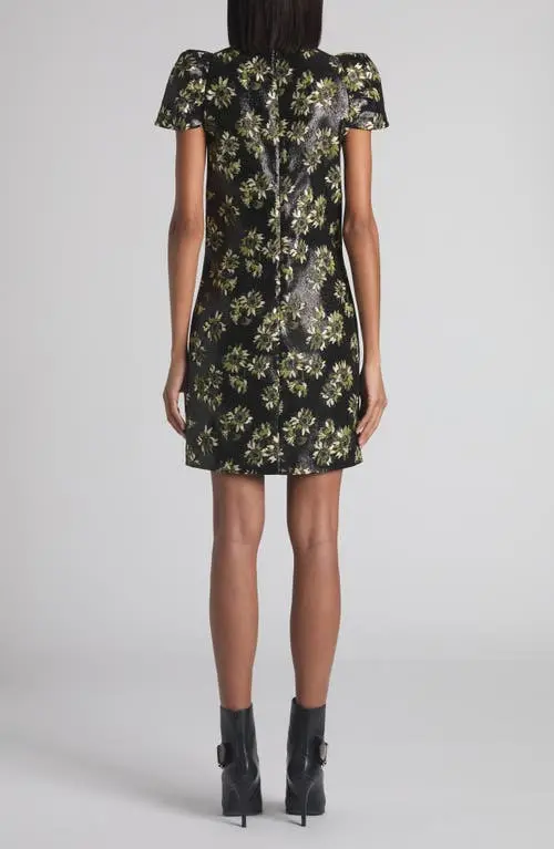Alexander McQueen Sunflower Jacquard Mini Shift Dress With Puff Sleeves