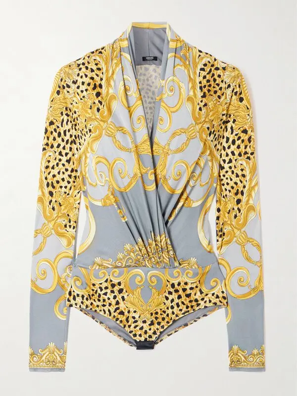 Versace Draped Printed Satin-jersey Bodysuit