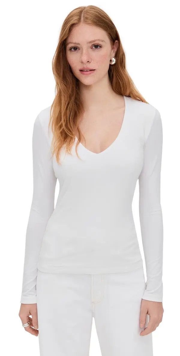 JAMES PERSE Stretch Rib Double Front Deep V Tee - White
