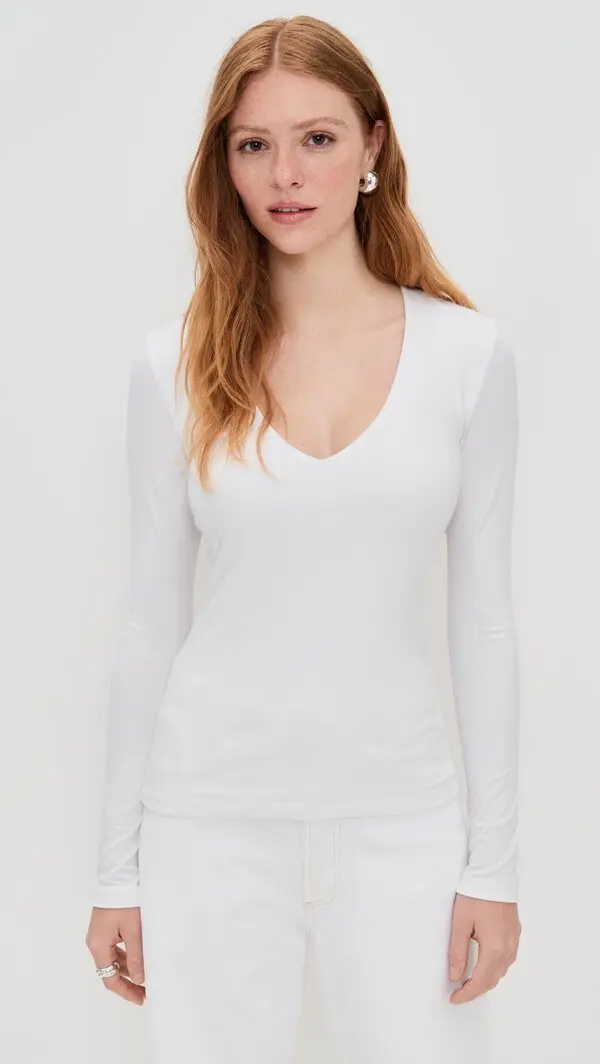 JAMES PERSE Stretch Rib Double Front Deep V Tee - White