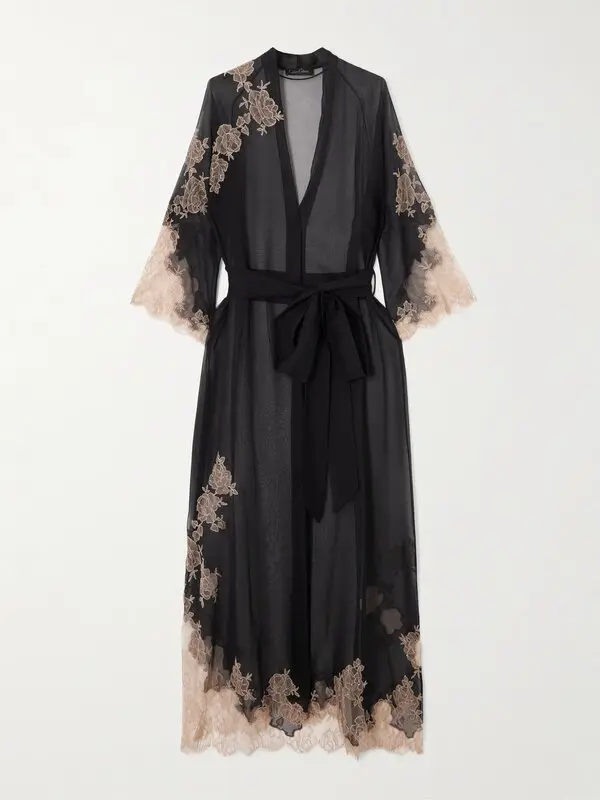 Carine Gilson Lace-trimmed Silk-chiffon Robe - Black