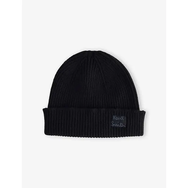 Paul Smith Embroidered-logo Ribbed Cashmere-wool Beanie - Black