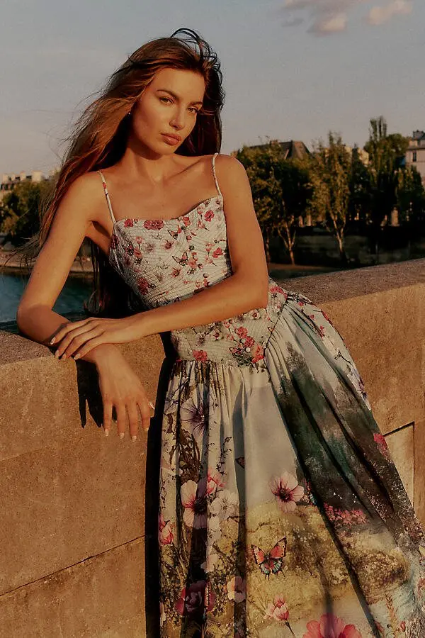 the muse basque-waist midi dress Baltic Born Womens Babette Basque Waist | Teal Multi Floral Available in sizes S the muse basque-waist midi dress