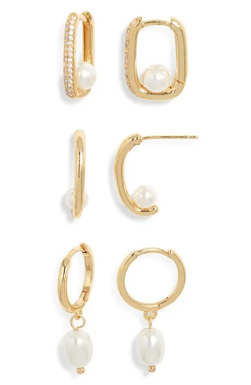 Nordstrom Set Of 3 Assorted Freshwater Pearl Huggie Hoop Earrings - 14k Gold Plated