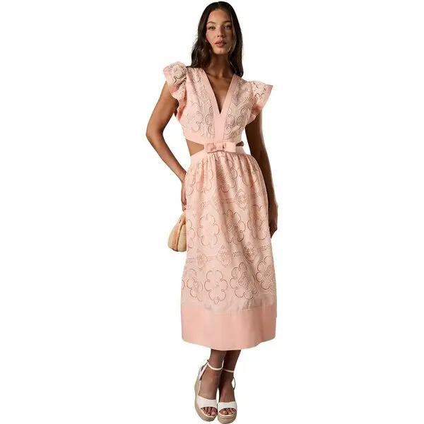 Coast V-neck Cut Out Lace Midi Dress - Peach