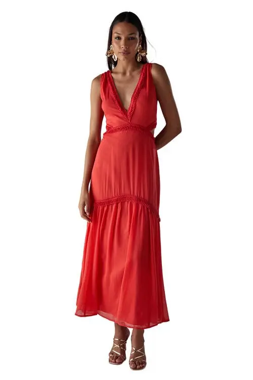 WAREHOUSE Chiffon Fringe Trim Cut-out Maxi Dress - Red