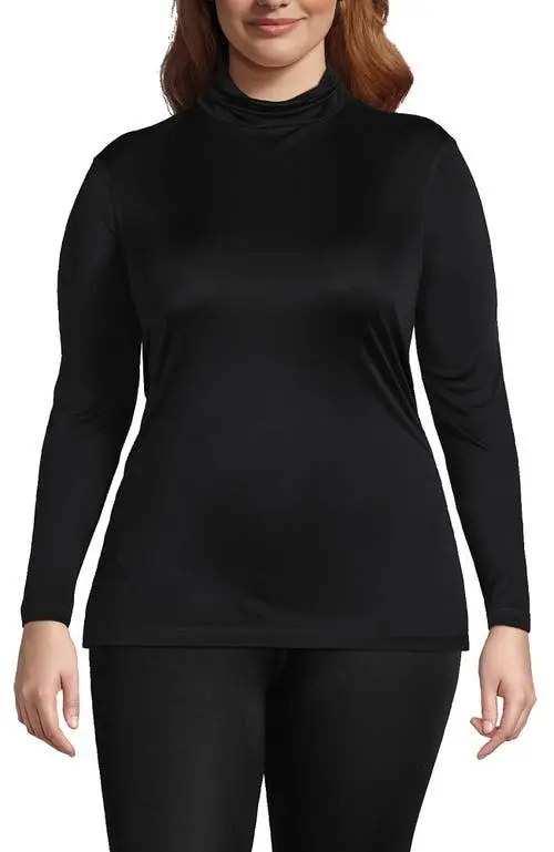 LANDS' END Silk Interlock Turtleneck Long Underwear Top - Black