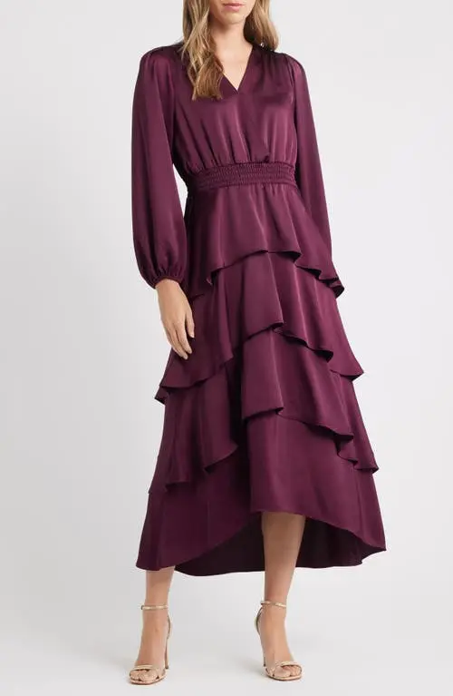 Anne Klein Long Sleeve Tiered High-low Satin Dress - Dark Chianti