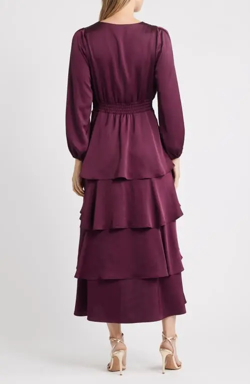 Anne Klein Long Sleeve Tiered High-low Satin Dress - Dark Chianti