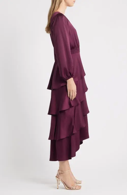 Anne Klein Long Sleeve Tiered High-low Satin Dress - Dark Chianti