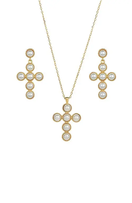 BEARFRUIT JEWELRY Sterling Silver 18k Plated Cross Pearl Necklace & Earring Set - Gold