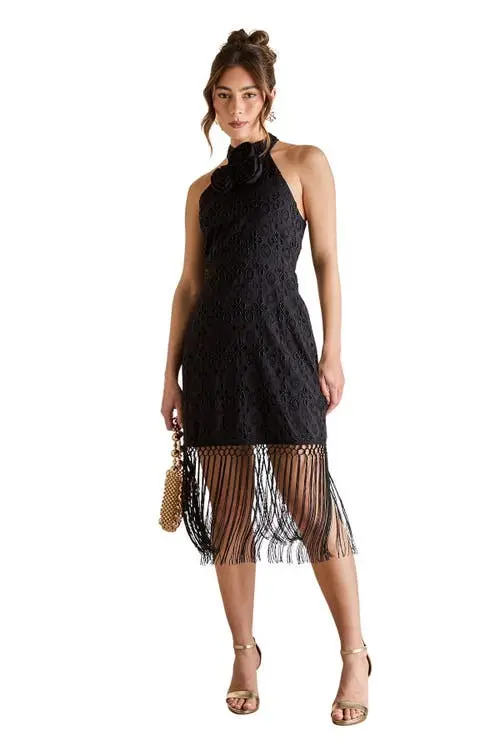 Coast Broderie Embellished Fringe Halter Dress - Black