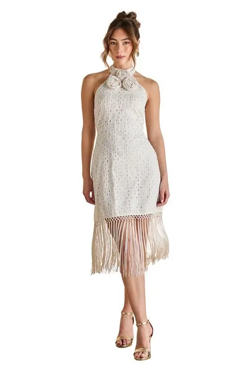 Coast Broderie Embellished Fringe Halter Dress - White