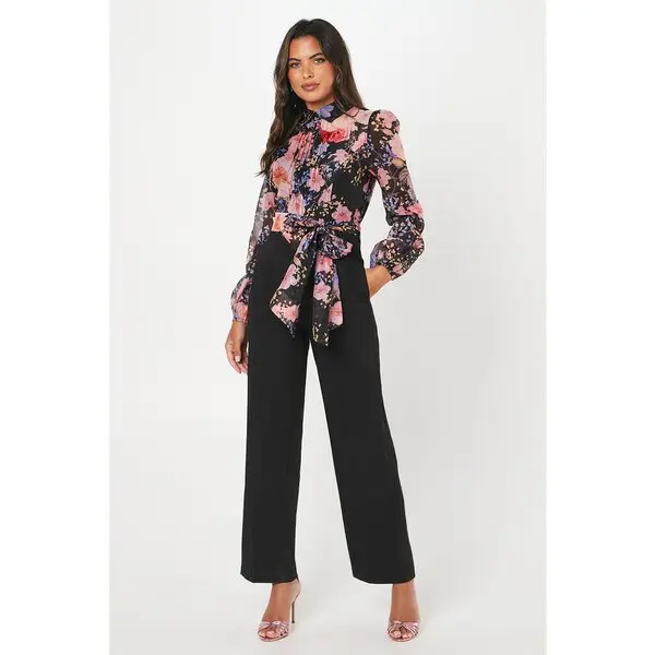 Coast Floral Print Blouson Sleeve Pintuck Wide Leg Jumpsuit - Black