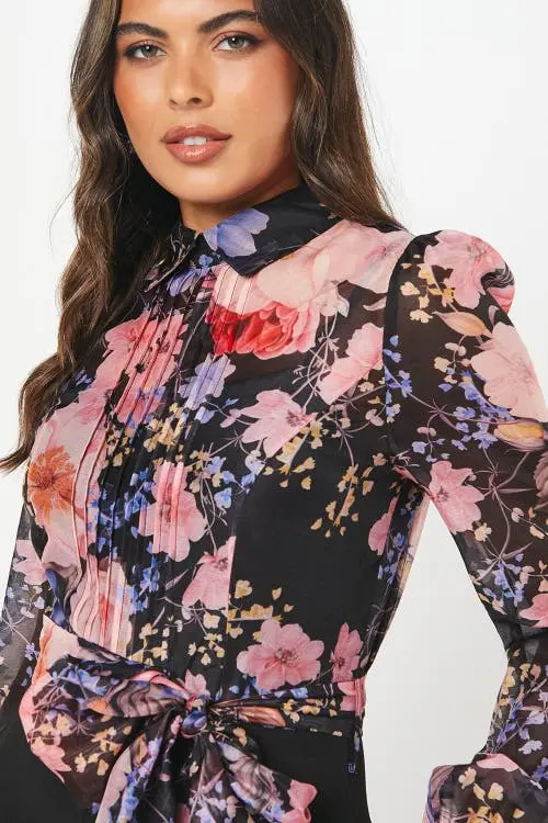 Coast Floral Print Blouson Sleeve Pintuck Wide Leg Jumpsuit