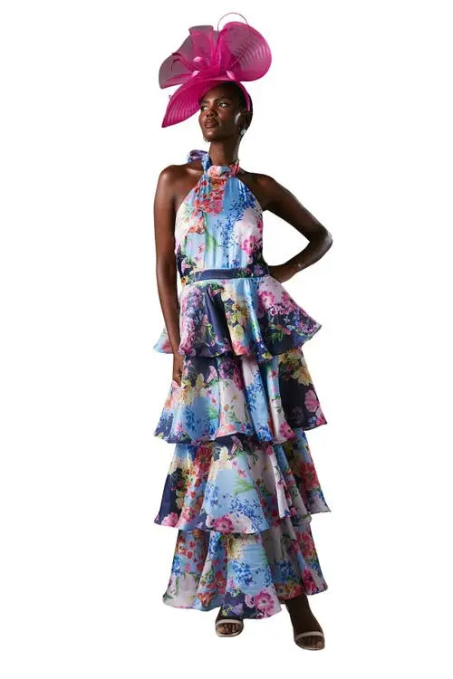 Coast Halterneck Floral Print Tiered Maxi Dress - Navy