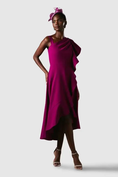 Coast One Shoulder Crepe Ruffle Midi Dress - Berry