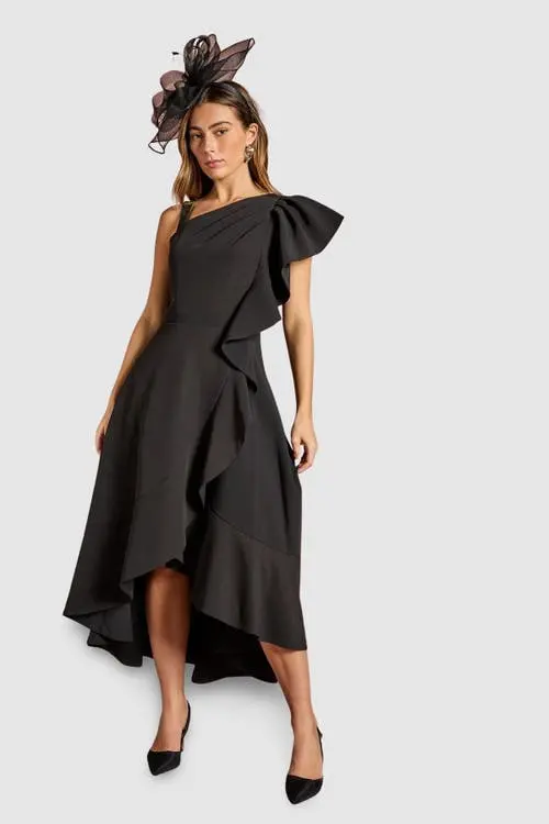 Coast One Shoulder Crepe Ruffle Midi Dress - Black