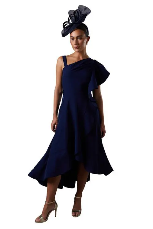 Coast One Shoulder Crepe Ruffle Midi Dress - Navy
