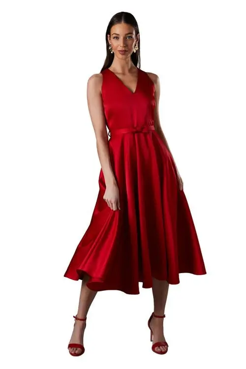 Coast Bow Trim V-neck Volume Skirt Midi Dress - Red