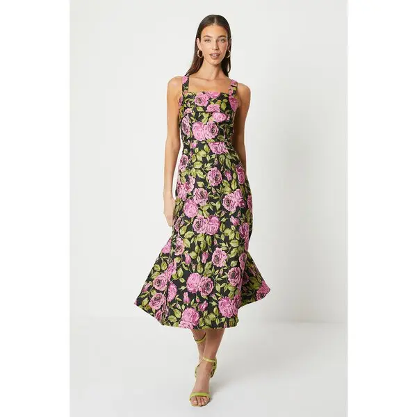 Coast Wide Strap Jacquard Floral Midi Dress - Black