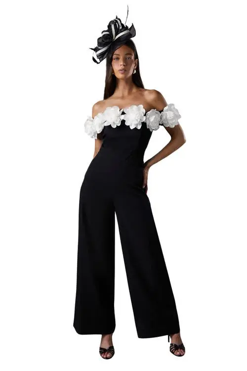 Coast Bardot Wide Leg Jumpsuit With 3d Floral Detailing - Mono