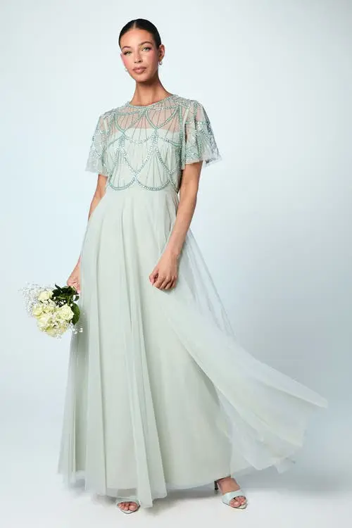 Coast Embellished Bodice Flutter Sleeve Maxi Dress - Sage