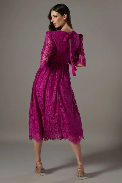 Coast Lace Short Sleeve Midi Dress - Magenta