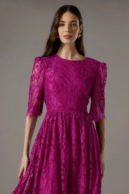 Coast Lace Short Sleeve Midi Dress - Magenta