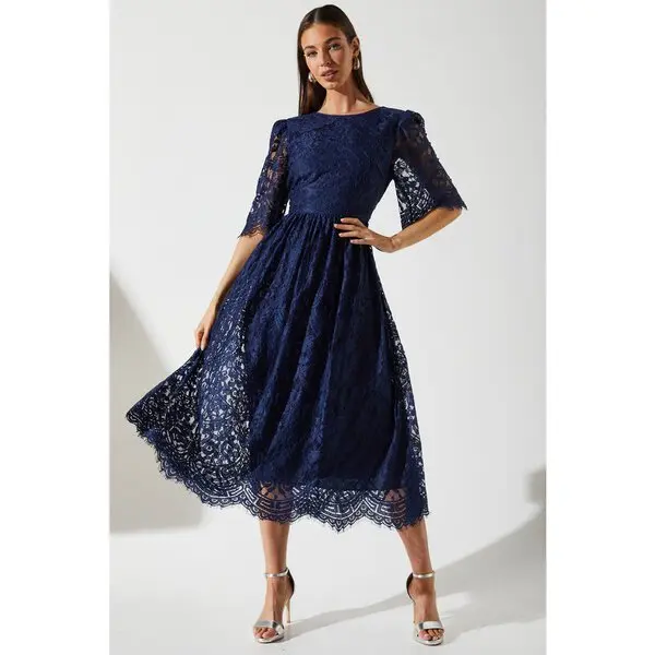 Coast Lace Short Sleeve Midi Fit And Flare Dress - Navy