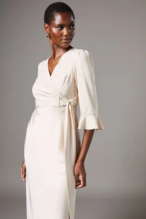 Coast Ruffle Sleeve Satin Wrap Dress - Champagne