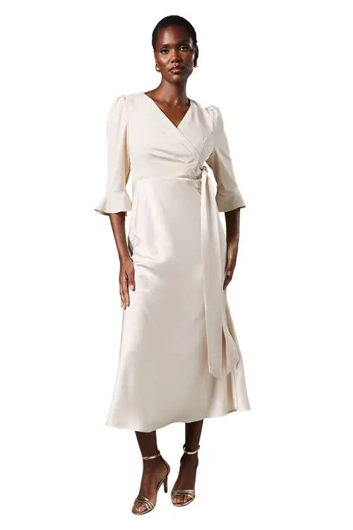 fitted lace wedding dress Wrap Linen Dress with Bell Sleeves and Pockets, Summer Maxi Dress, Cream Linen Dress, Linen Wrap Dress, Boho Wedding Dress, Romantic Dress, L / main image 0