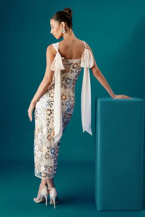 Coast Muse Embellished Floral Midi Dress With Bow Detail