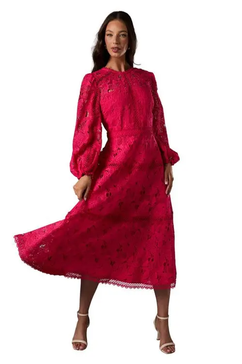 Coast Lace Panelled Long Sleeve Dress - Raspberry
