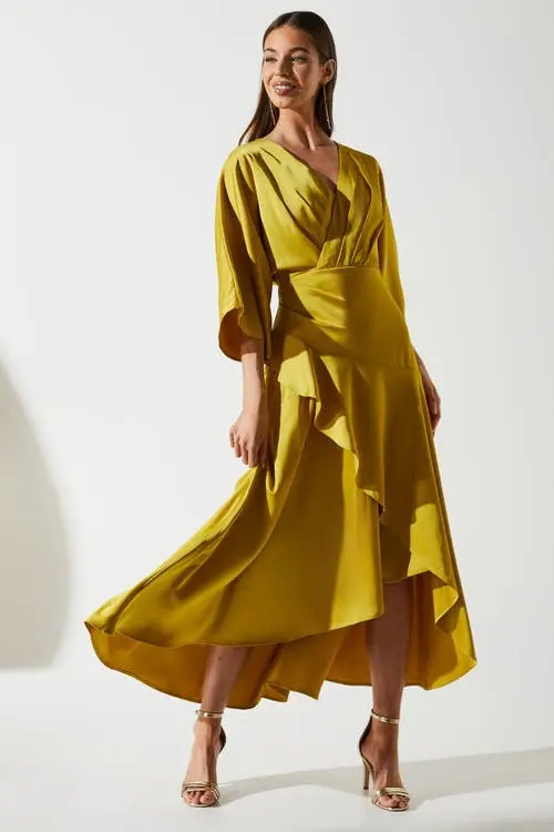 Coast Satin Crepe Ruffle Wrap Midi Dress - Olive