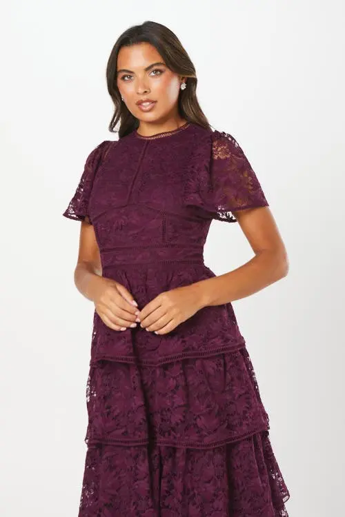 Coast Flutter Sleeve Tiered Lace Dress - Plum