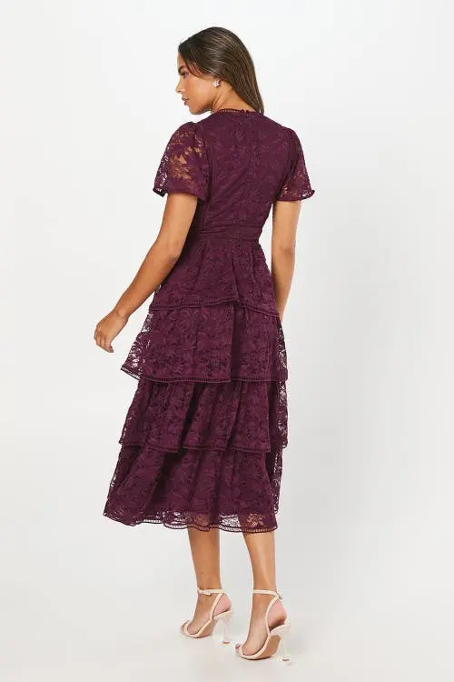 Coast Flutter Sleeve Tiered Lace Dress - Plum