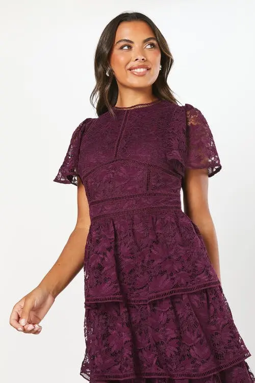 Coast Flutter Sleeve Tiered Lace Dress - Plum