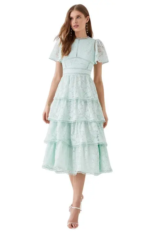 Coast Flutter Sleeve Tiered Lace Dress - Sage